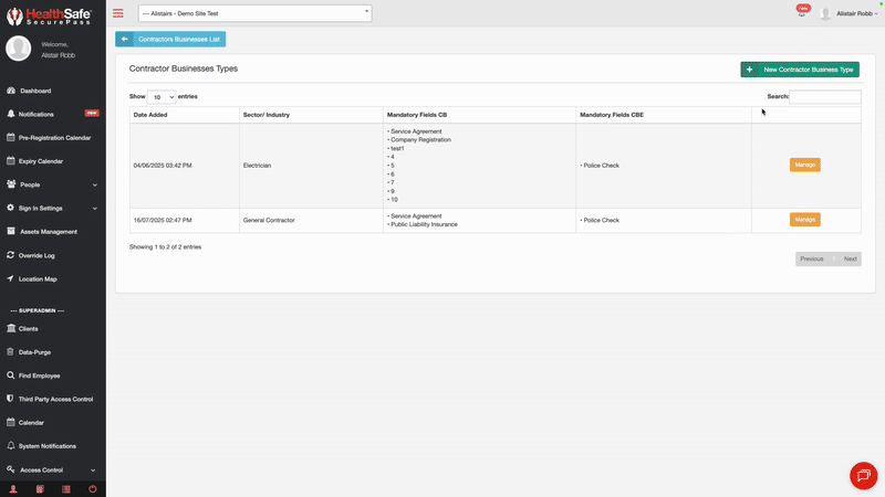 How to create a Contractor Business Type in SecurePass